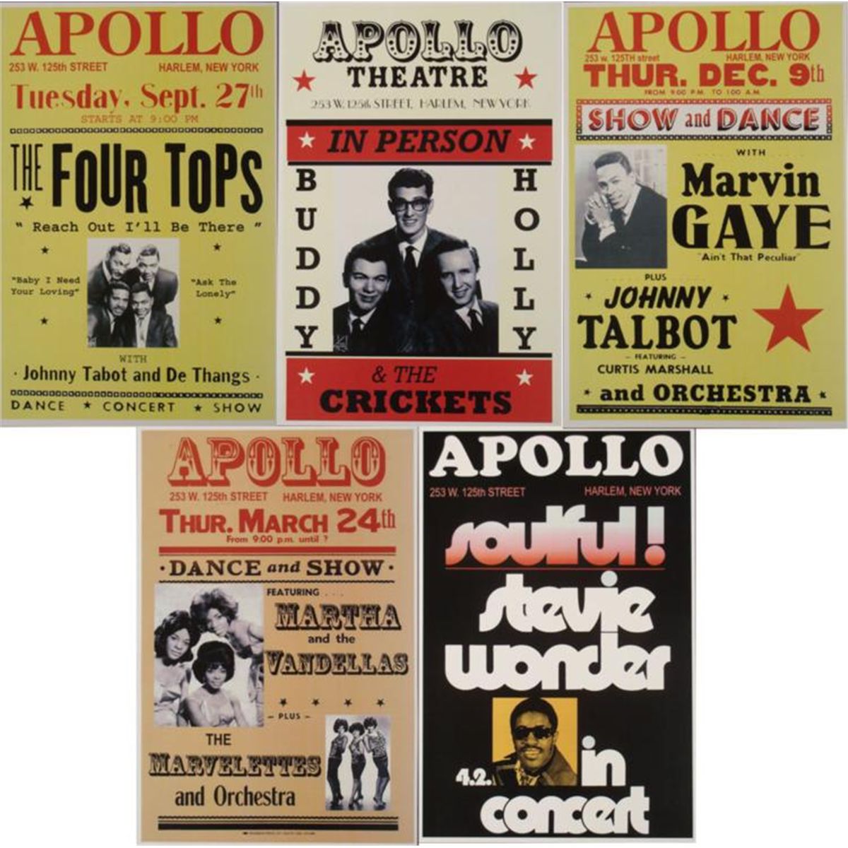 5 Apollo Theater NY Concert Posters Motown, Buddy Holly