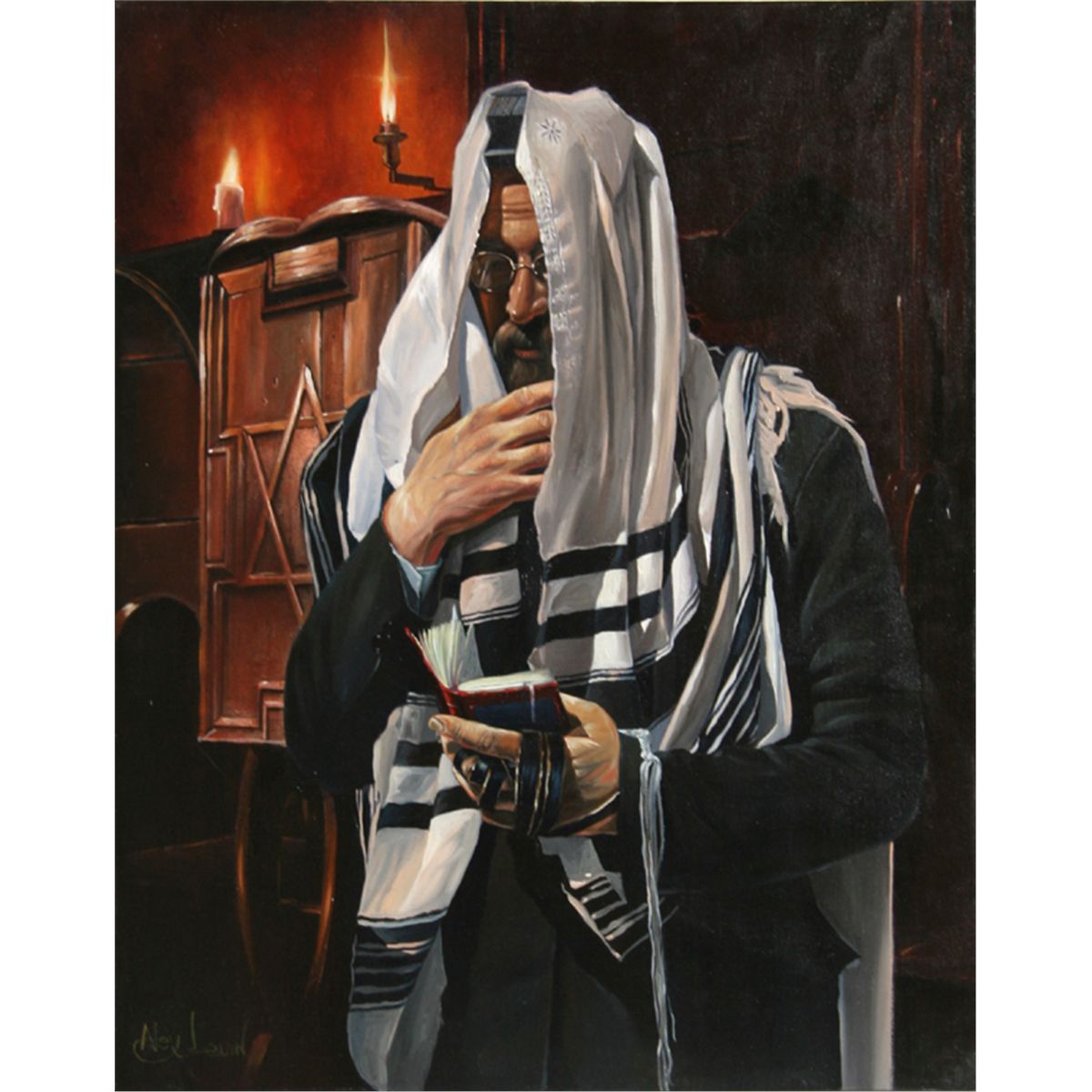 Alex Levin, Praying at the Synagogue, Oil Painting