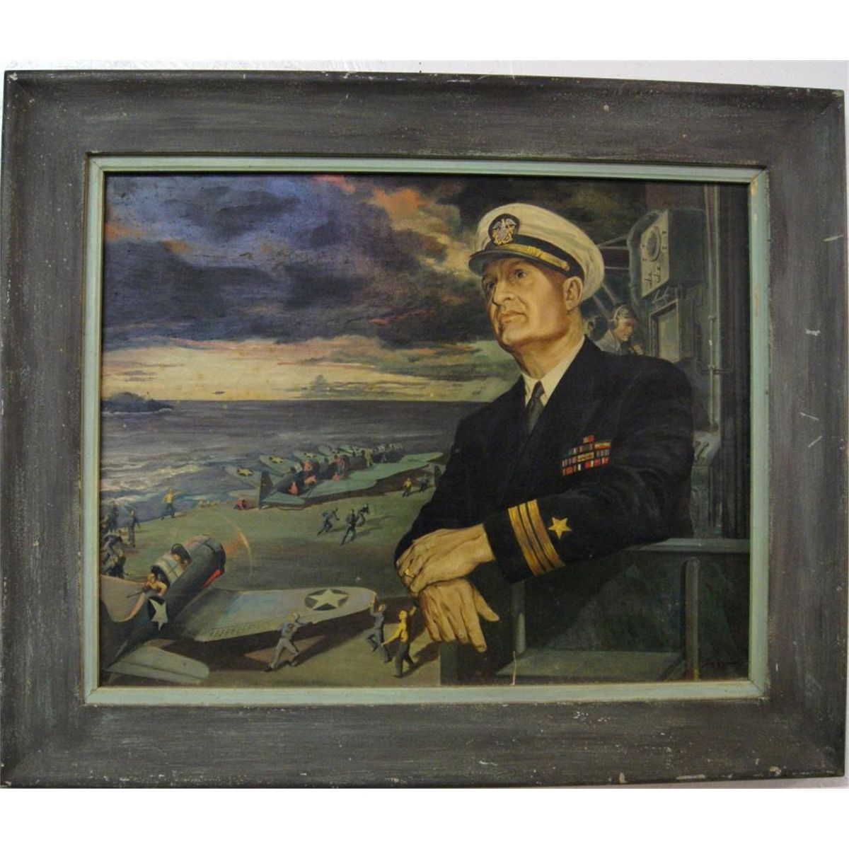 Signed US WWII Oil Portrait of Naval Commander