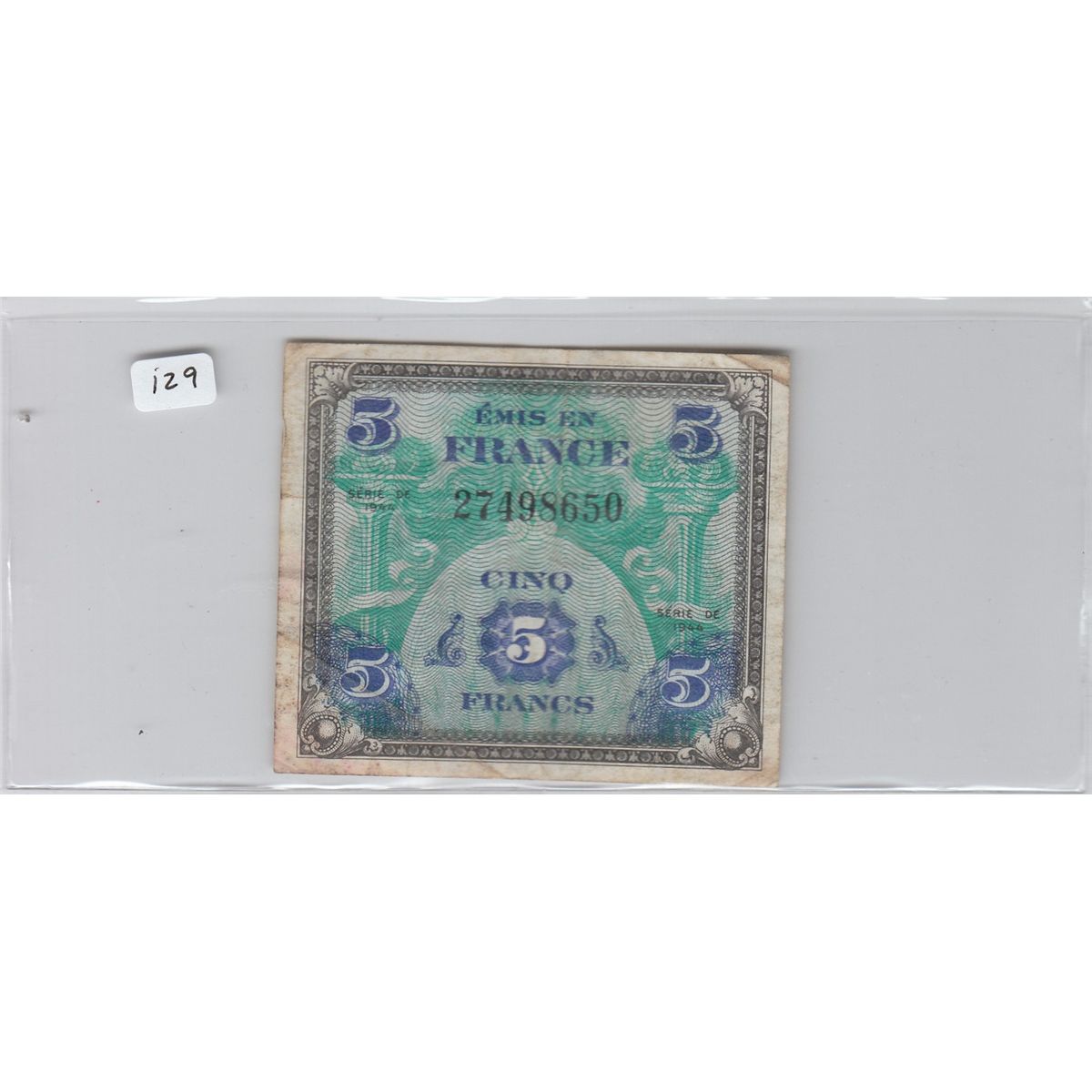 5 FRANCS FRANCE CURRENCY WW2 1944