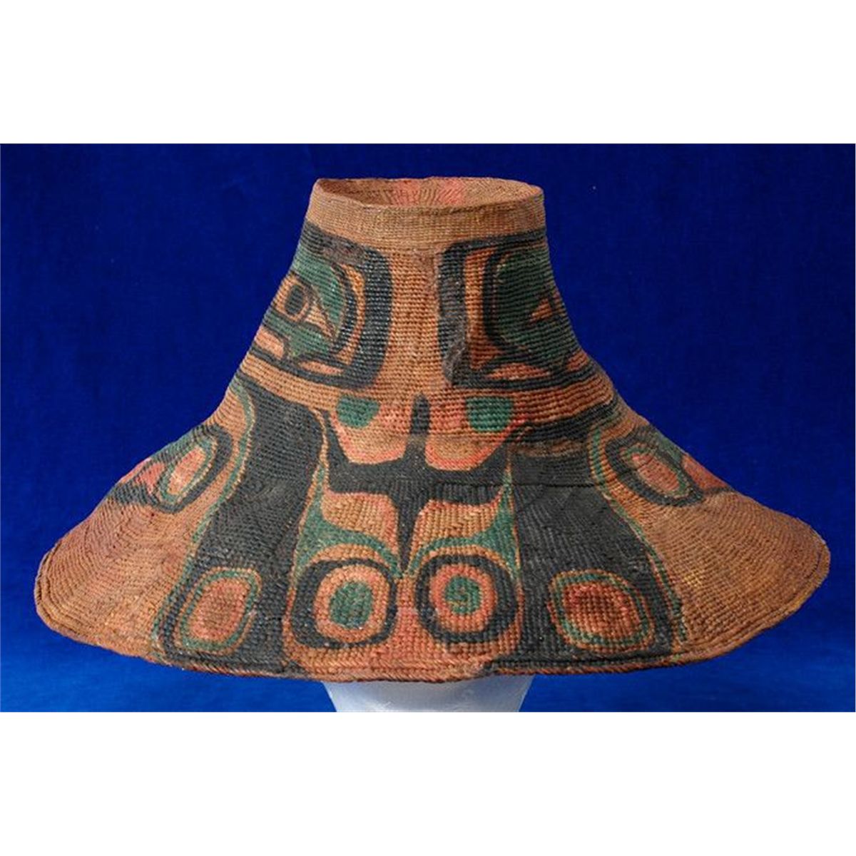 19TH C. Tlingit Spruce Root Hat with Painted Raven Design 15 1/2" D. 8 ...