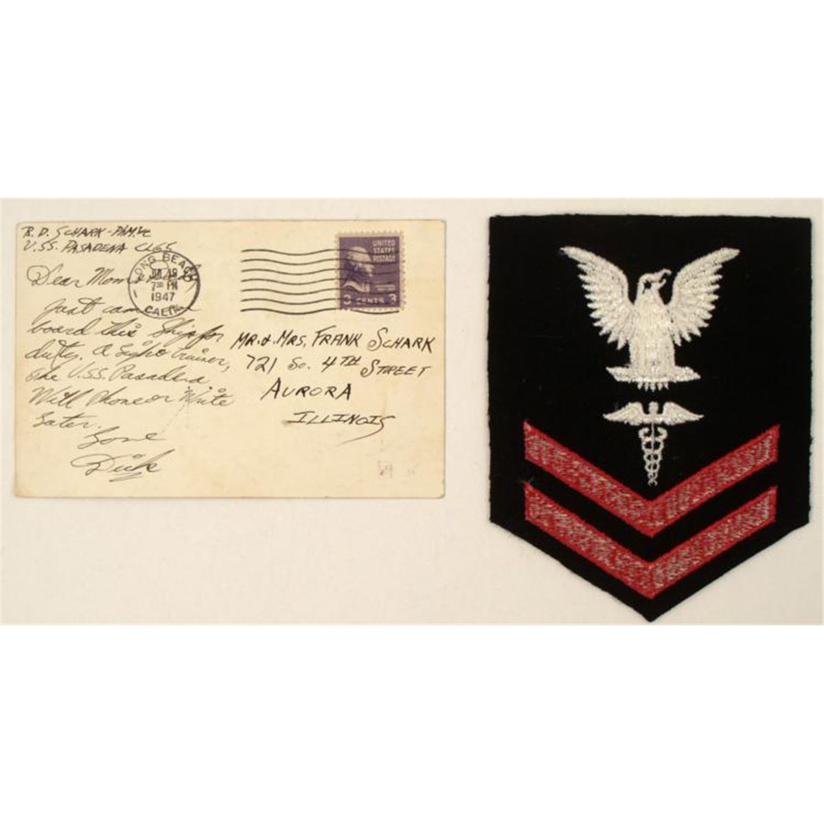 WWII NAVY MEDIC RANK INSIGNIA AND PHOTO OF USS PASADENA