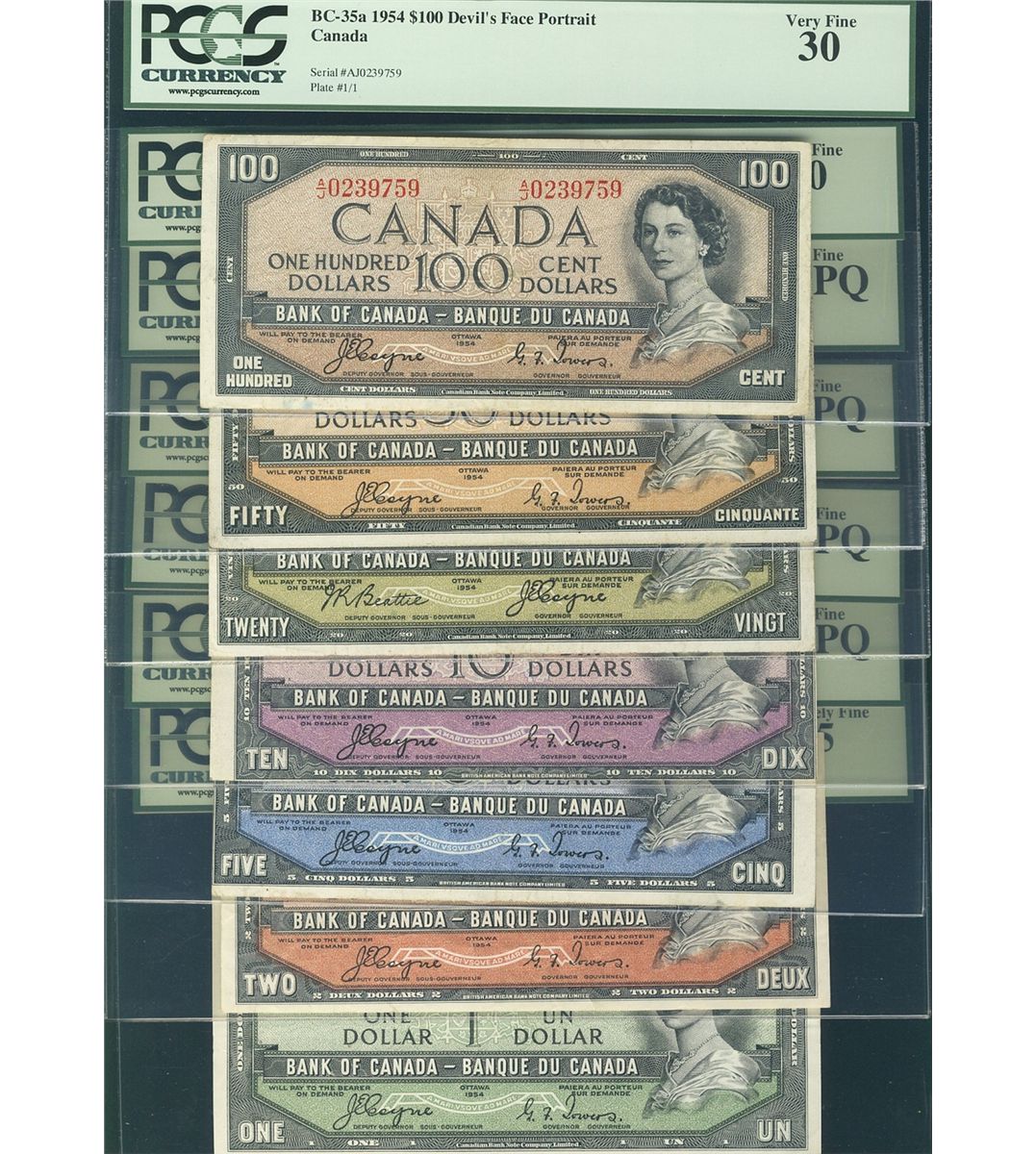 1954 $1 BC-29a EF45, $2 BC-30a, $5 BC-31a, $10 BC-32a, $20 BC-33b, $50 BC-34a & $100 BC-35a all VF30