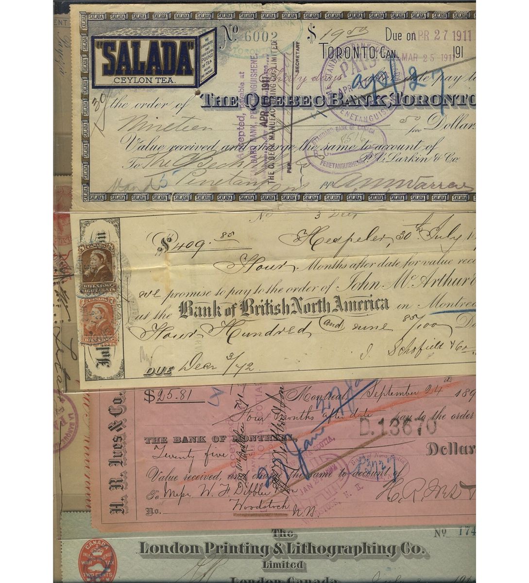 Canadian Chartered Bank Drafts/Checks. Lot includes 8 different checks ...