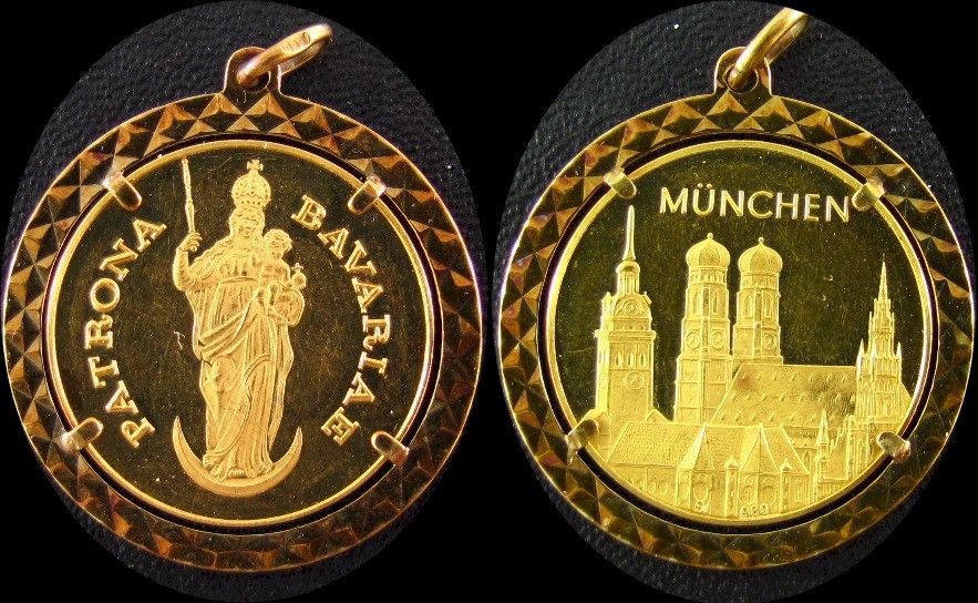 Bavaria Gold Medal. Patrona portrait and Munchen Church design. 14kt ...