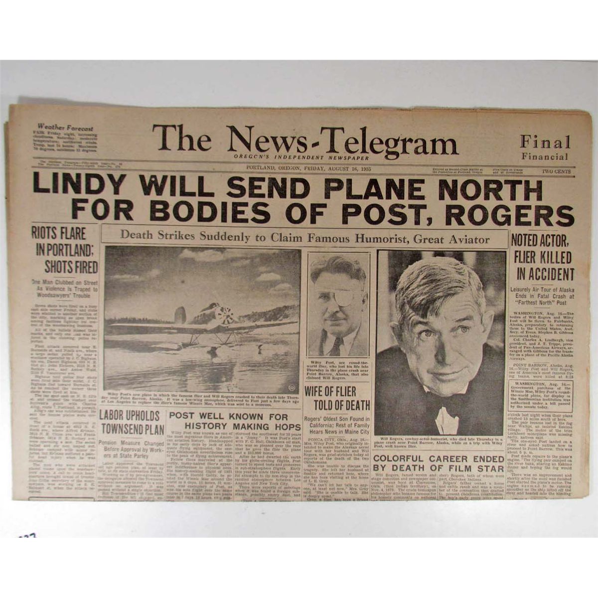 1935 NEWSPAPER "THE NEWS TELEGRAM" PORTLAND OREGON
