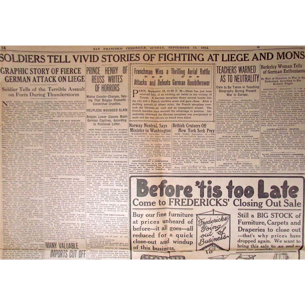 1914 NEWSPAPER "SAN FRANCISCO CHRONICLE" SAN FRANCISCO, CALIFORNIA