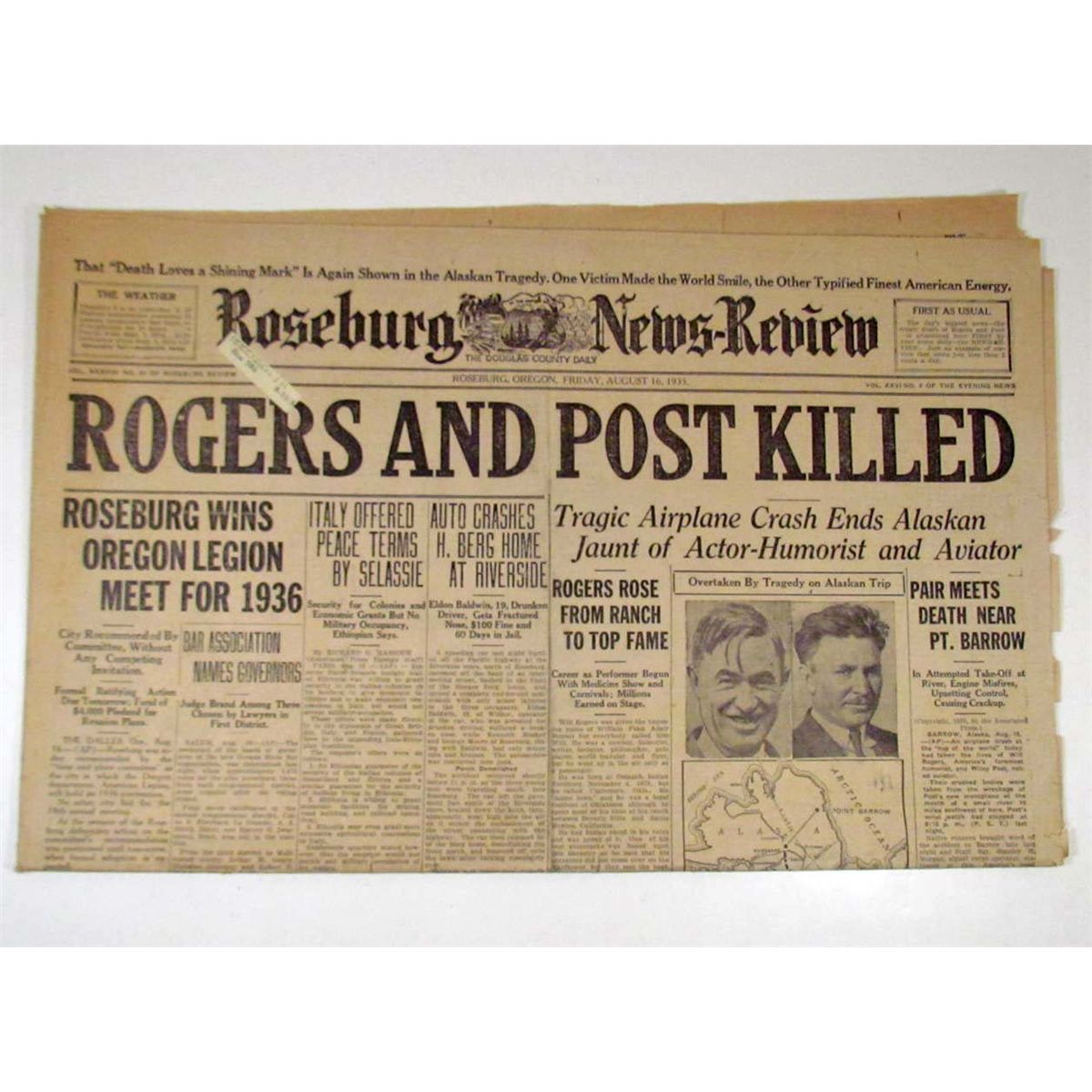 1935 NEWSPAPER "ROSEBURG NEWS-REVIEW" ROSEBURG OREGON