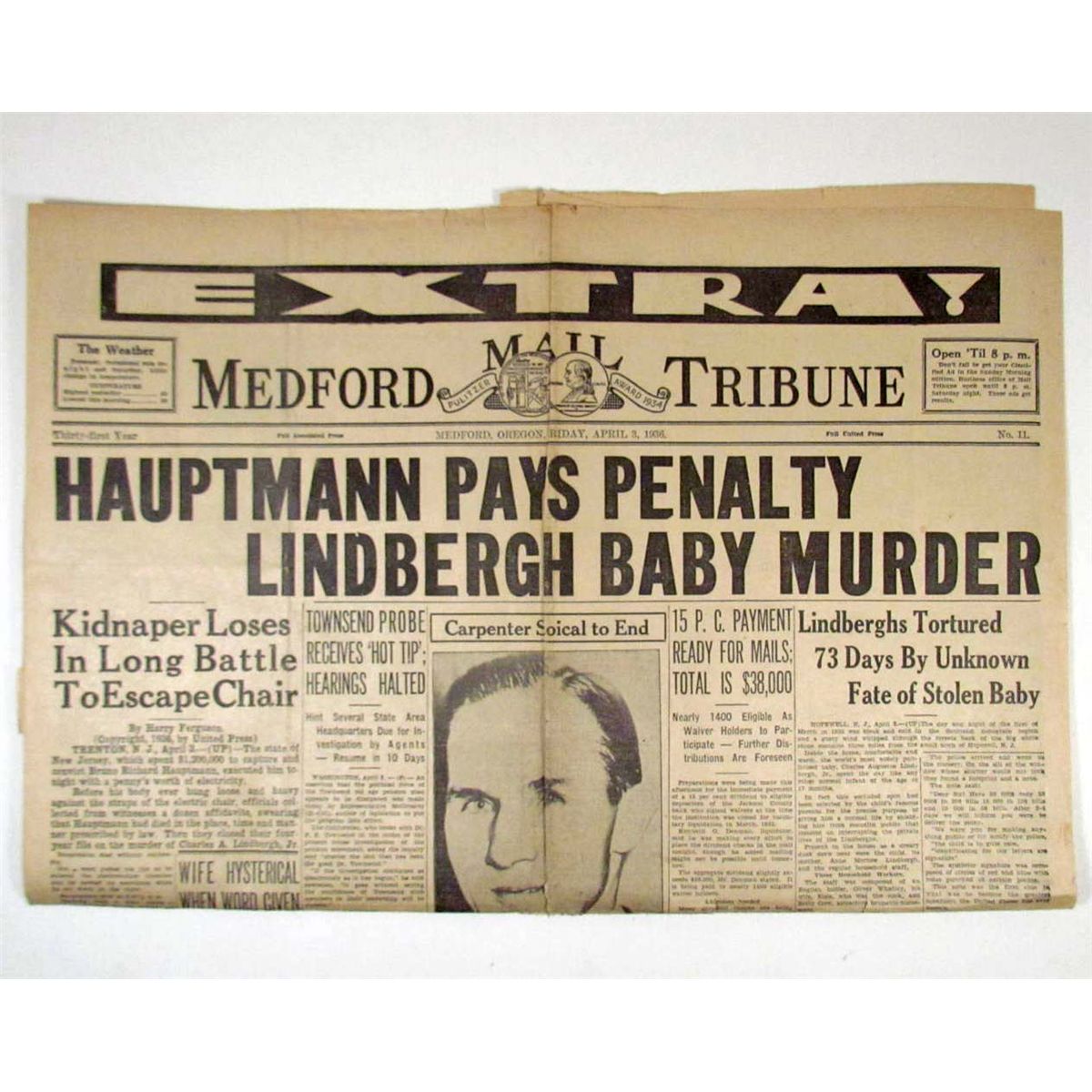 1936 NEWSPAPER "EXTRA MEDFORD MAIL TRIBUNE" MEDFORD OREGON