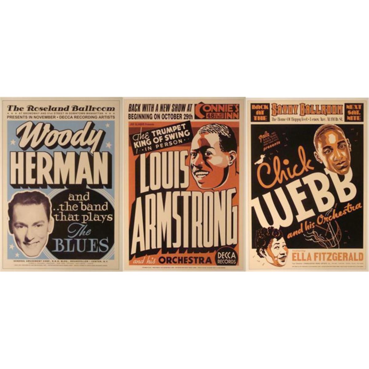 4 Jazz Posters Louis Armstrong Dorsey Webb Woody Herman