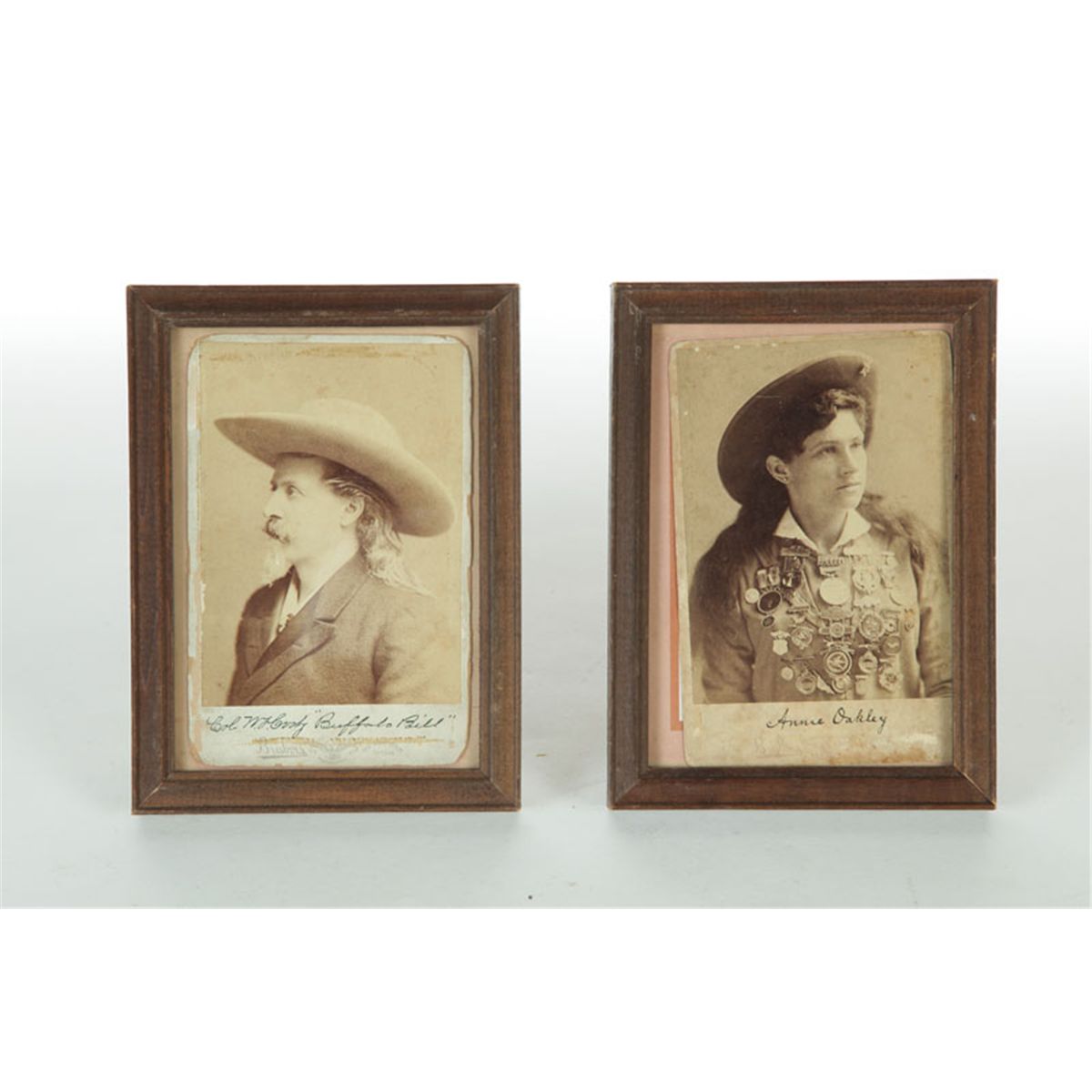 CABINET CARDS OF ANNIE OAKLEY AND BUFFALO BILL CODY.