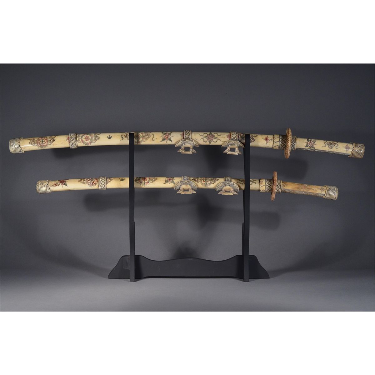 Pair of Chinese Bone Ivory Swords Incised Sheath