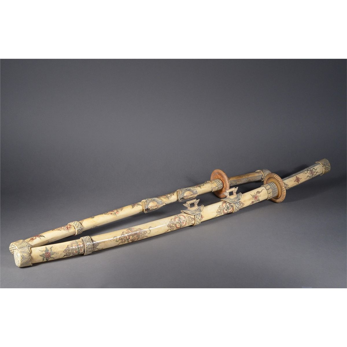 Pair of Chinese Bone Ivory Swords Incised Sheath