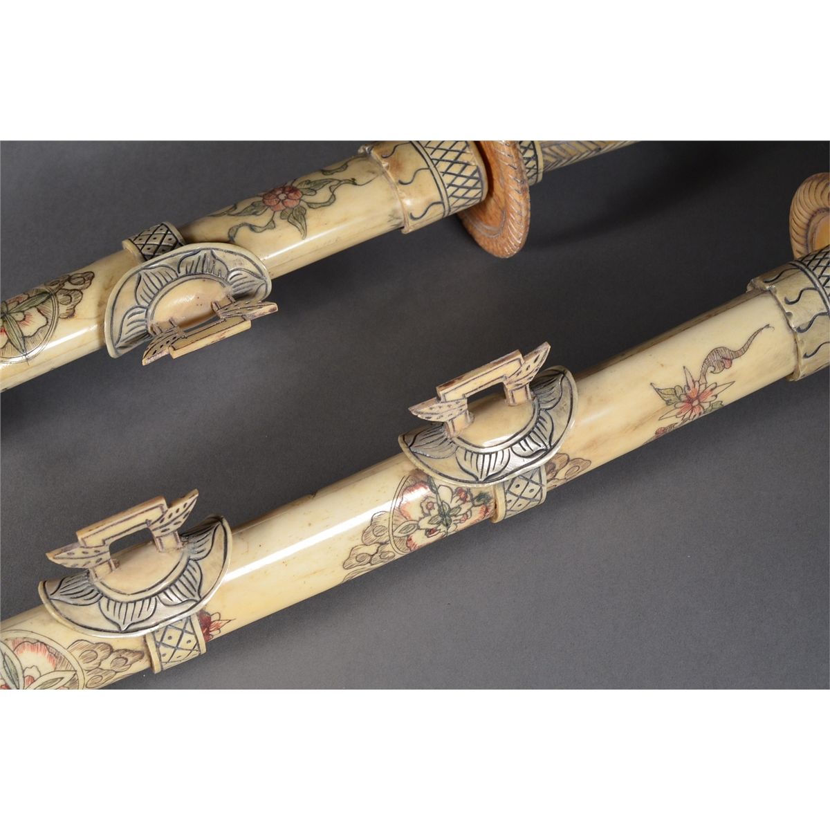 Pair of Chinese Bone Ivory Swords Incised Sheath
