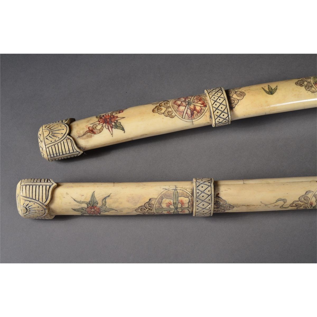 Pair of Chinese Bone Ivory Swords Incised Sheath