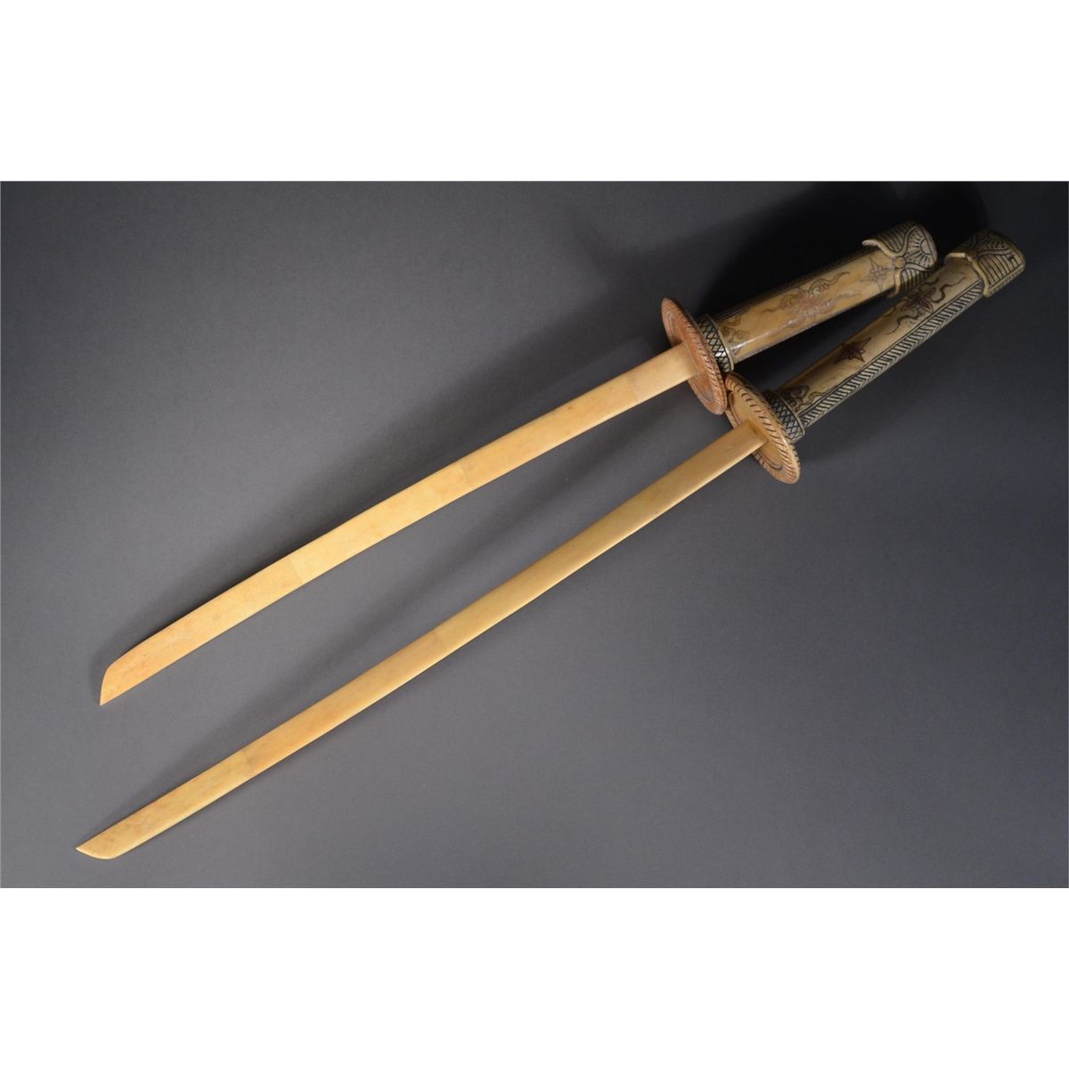 Pair of Chinese Bone Ivory Swords Incised Sheath