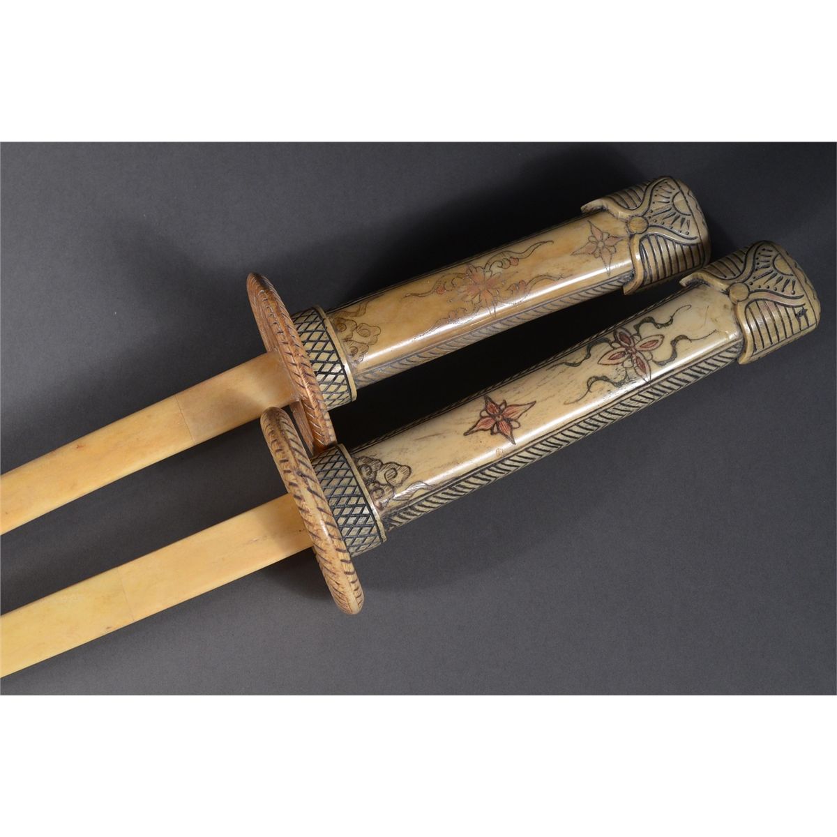 Pair of Chinese Bone Ivory Swords Incised Sheath