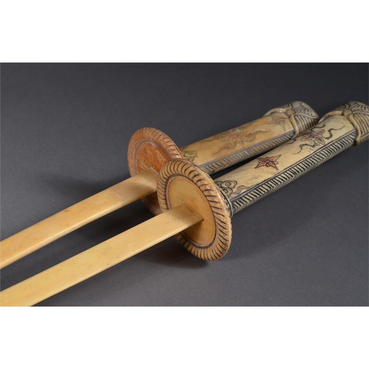 Pair of Chinese Bone Ivory Swords Incised Sheath
