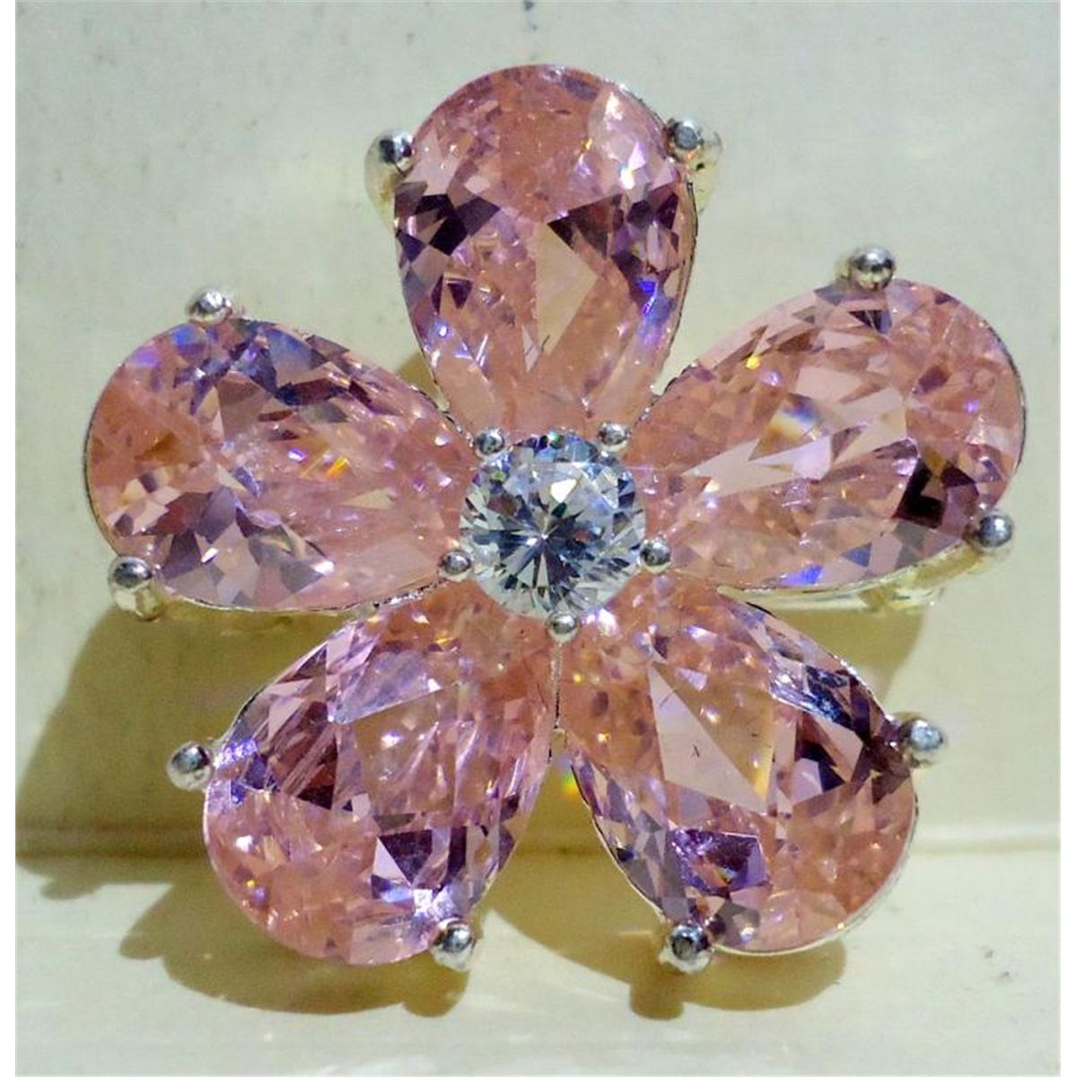 Pink Stones Flower Broch w/ Cz Stone .925