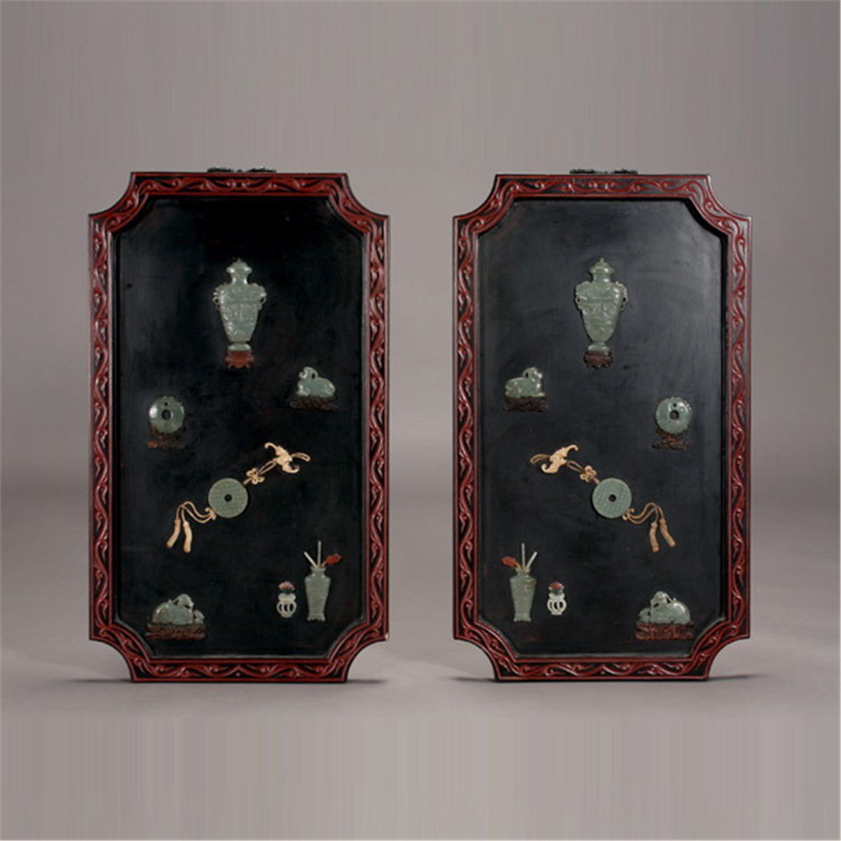A Pair of Jade and Hardstone Inlaid Wall Panels