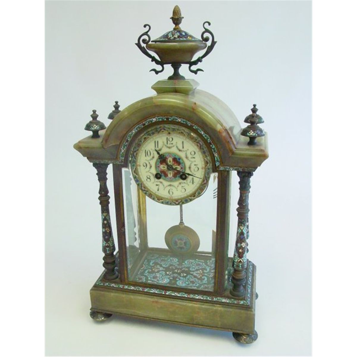 Onyx & enamel clock with enamel pendulum