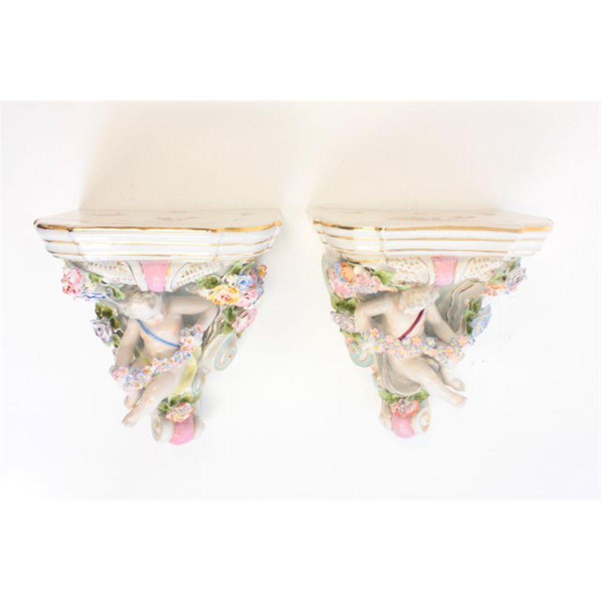 Pair Meissen style wall shelves