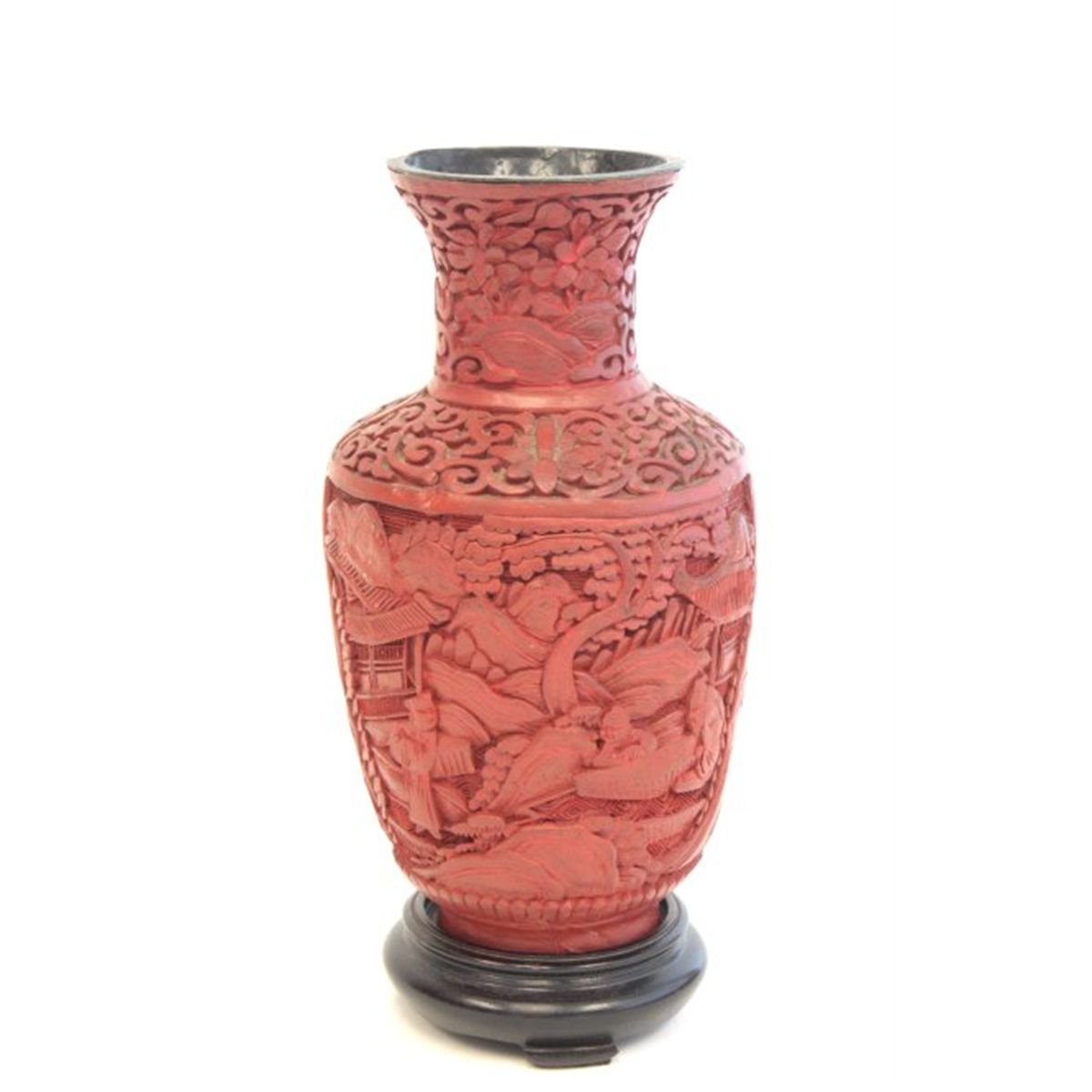 Chinese red lacquer vase with stand