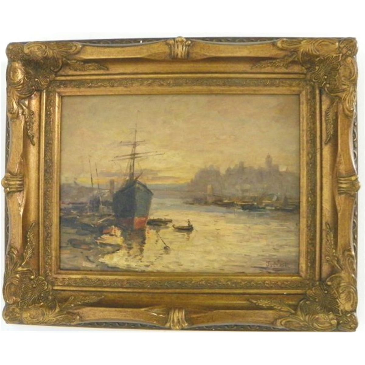 Gilt framed oil painting "Ship Dock in Inlet"