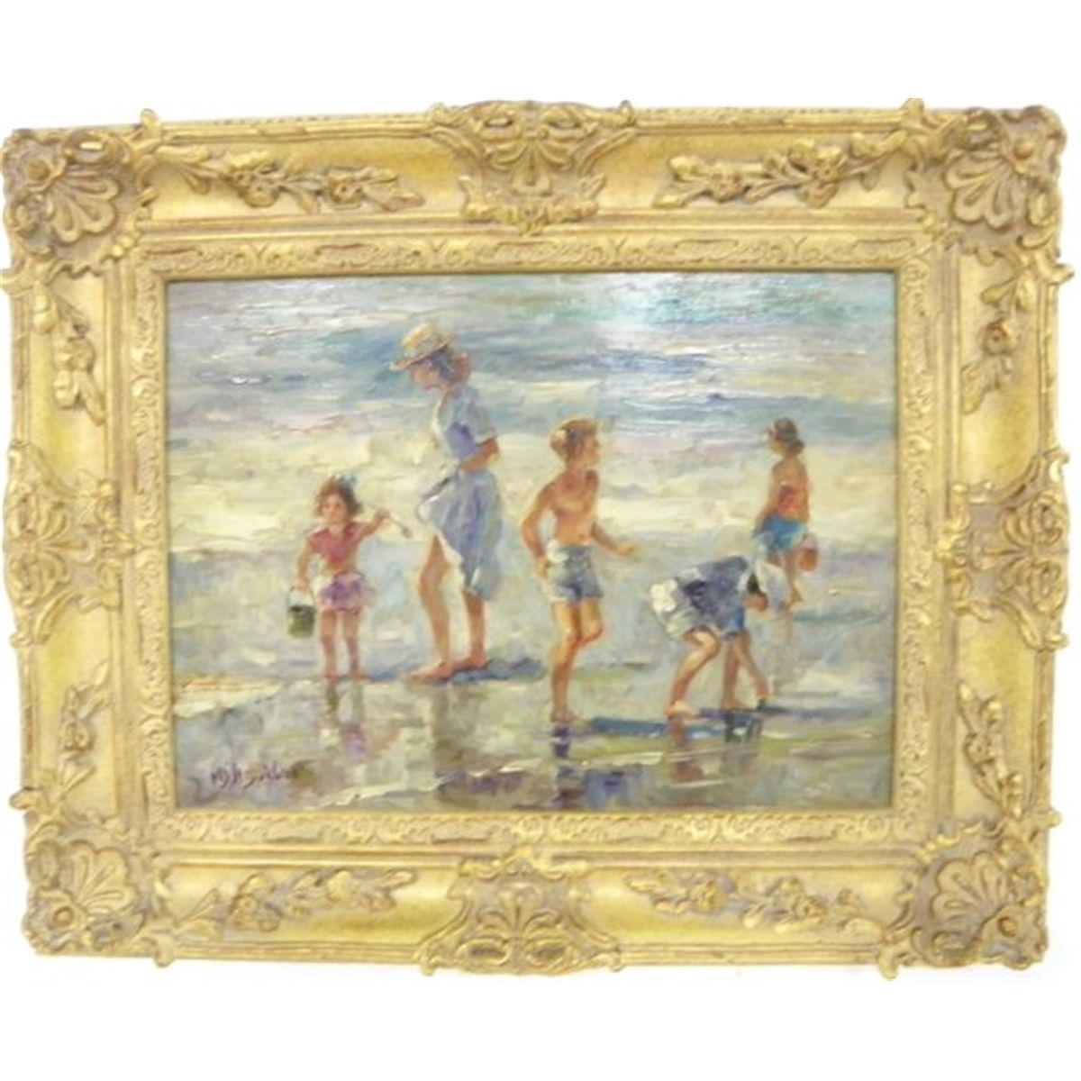 Oil painting signed M. D'Aguilar "Beach Scene"