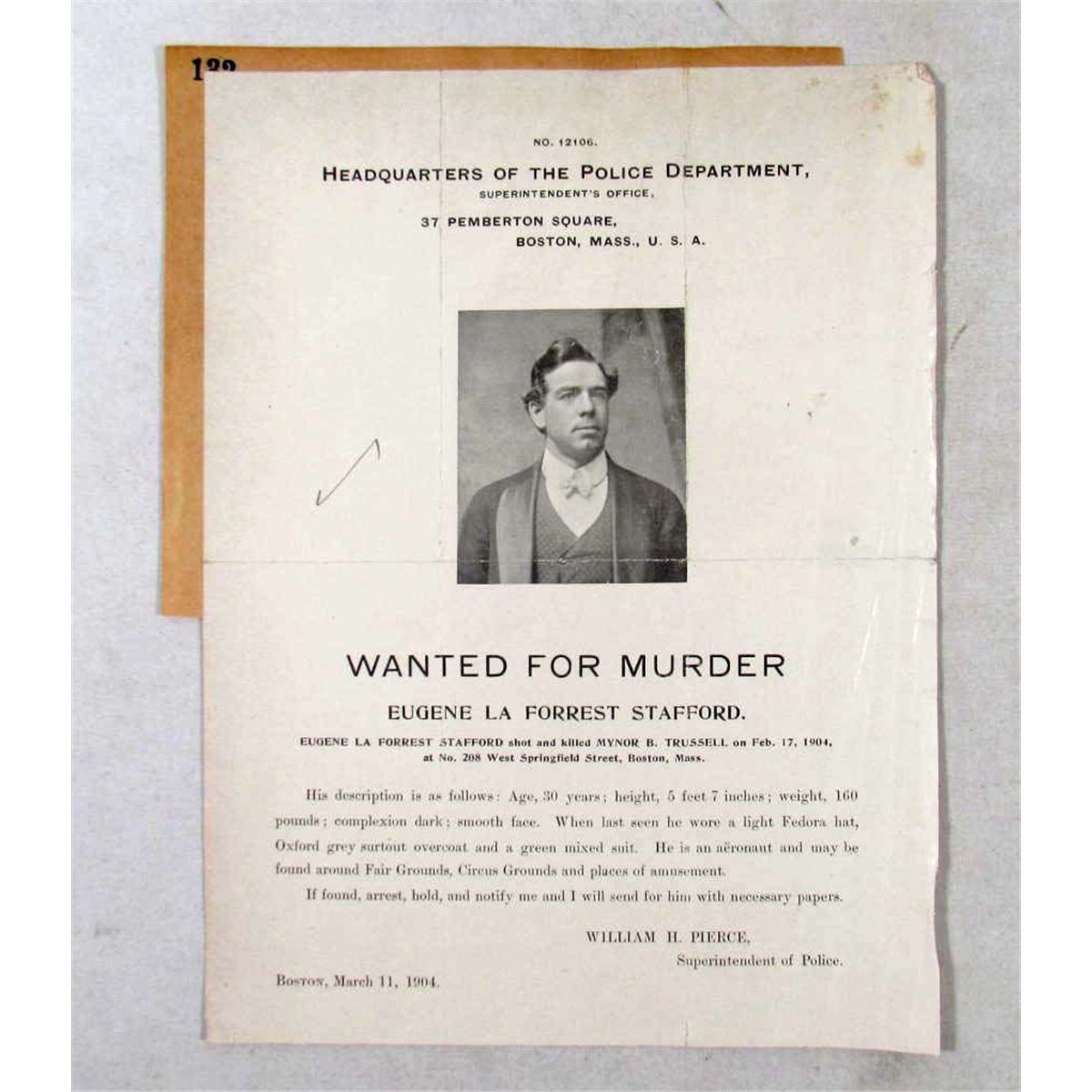 1904 WANTED POSTER - WANTED FOR MURDER W/ PHOTO