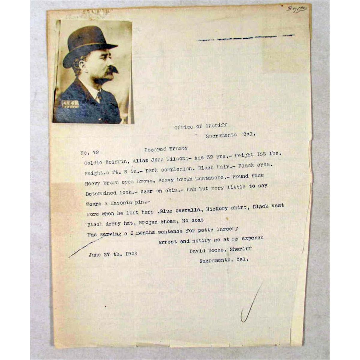 1908 WANTED POSTER - WANTED FOR ESCAPE W/ PHOTO