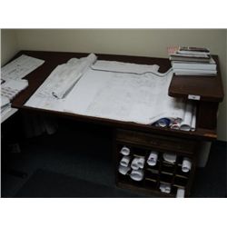 LARGE WOOD ORNATE DRAFTING TABLE W/BLUEPRINT STORAGE