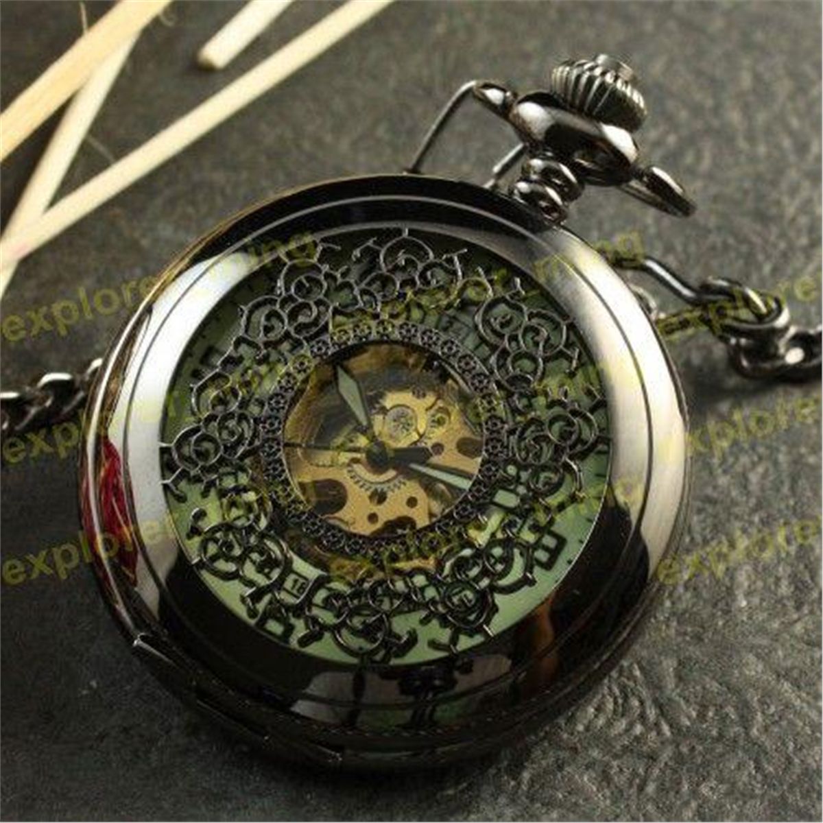 Black Filigree Hollow Style Mechanical Pocket Watch MWF