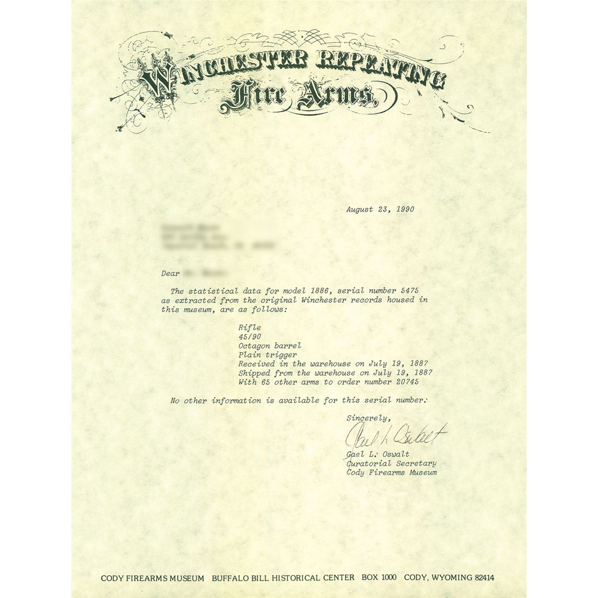 Winchester Model 1886 Lever Action Rifle in 45-90 Caliber with Cody Letter