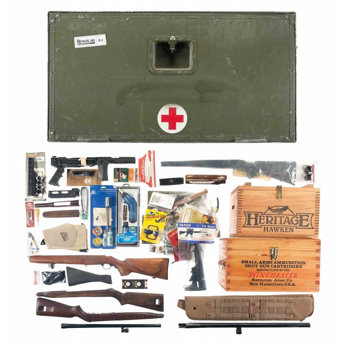 Five Wooden crates and a Large Grouping of Gun Parts and Accessories