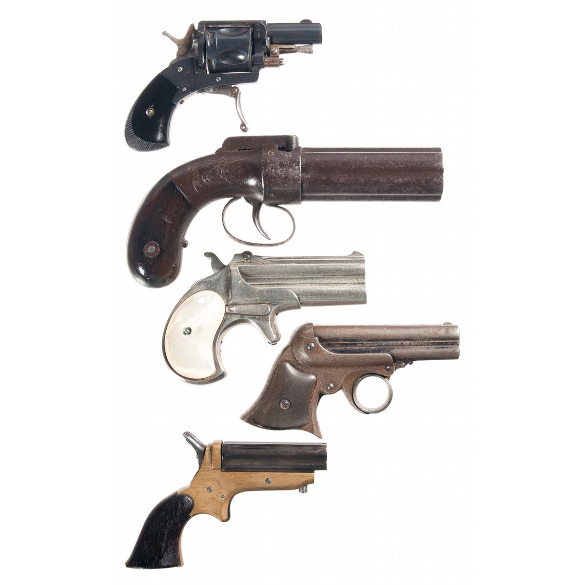 Five Hand Guns -A) Unmarked European Folding Trigger Double Action Revolver