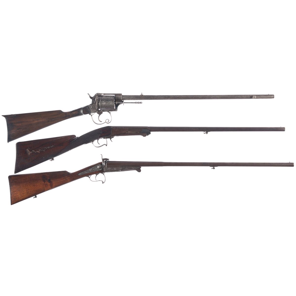Three Antique Long Guns -A) Engraved Pinfire Revolving Rifle