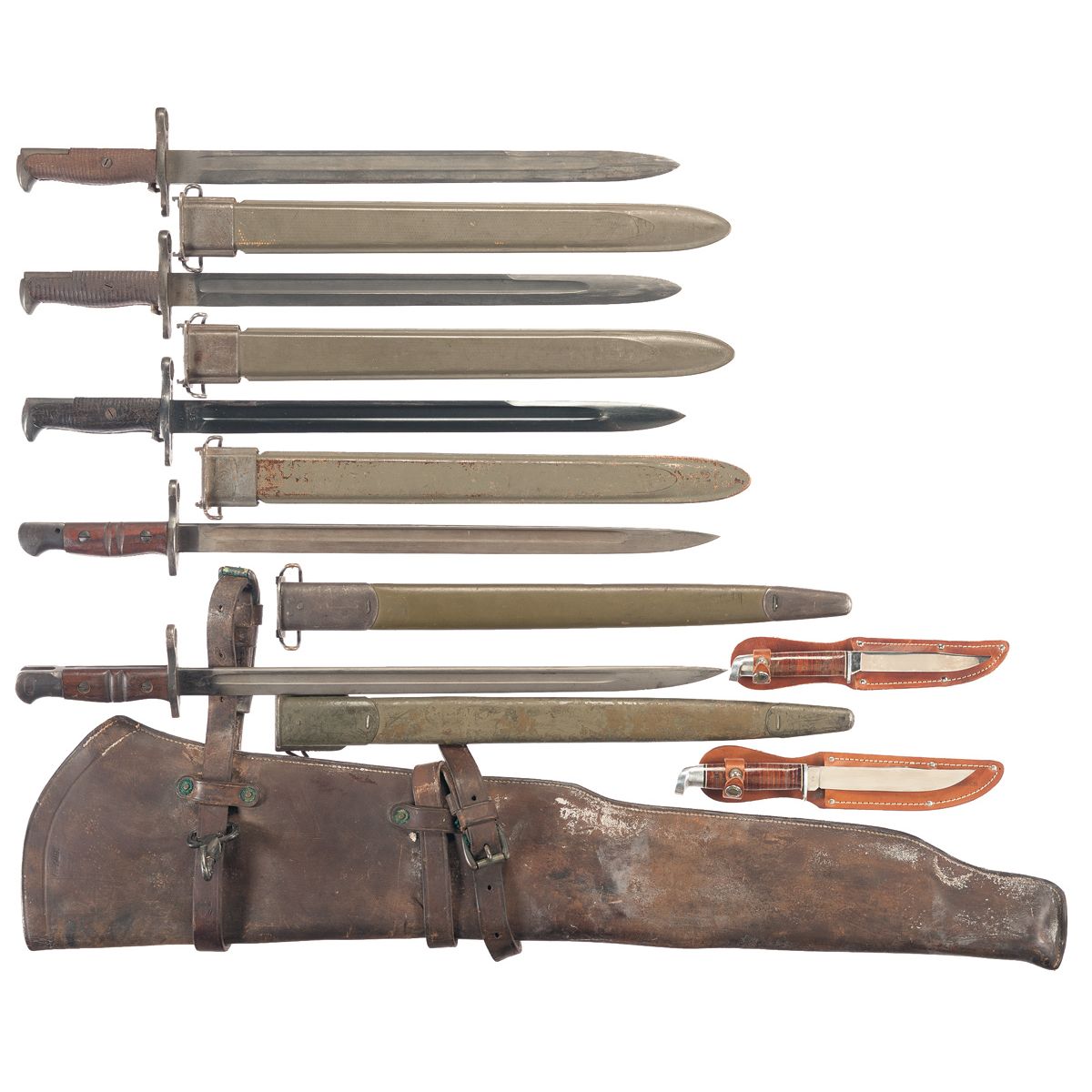 Five American Bayonets, Two Knives and a Rifle Scabbard