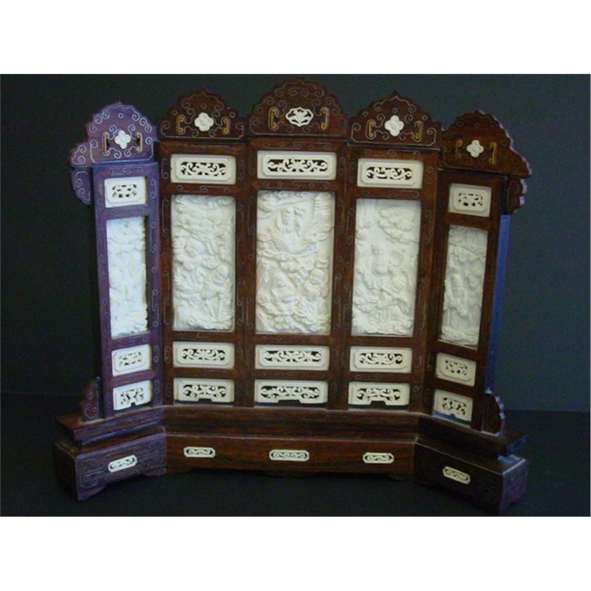 Chinese ivory 5 panel wood & ivory table screen