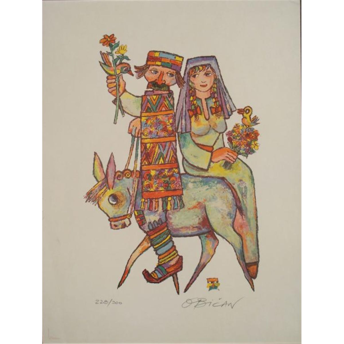 Jovan OBican Signed Art Print Couple on Donkey