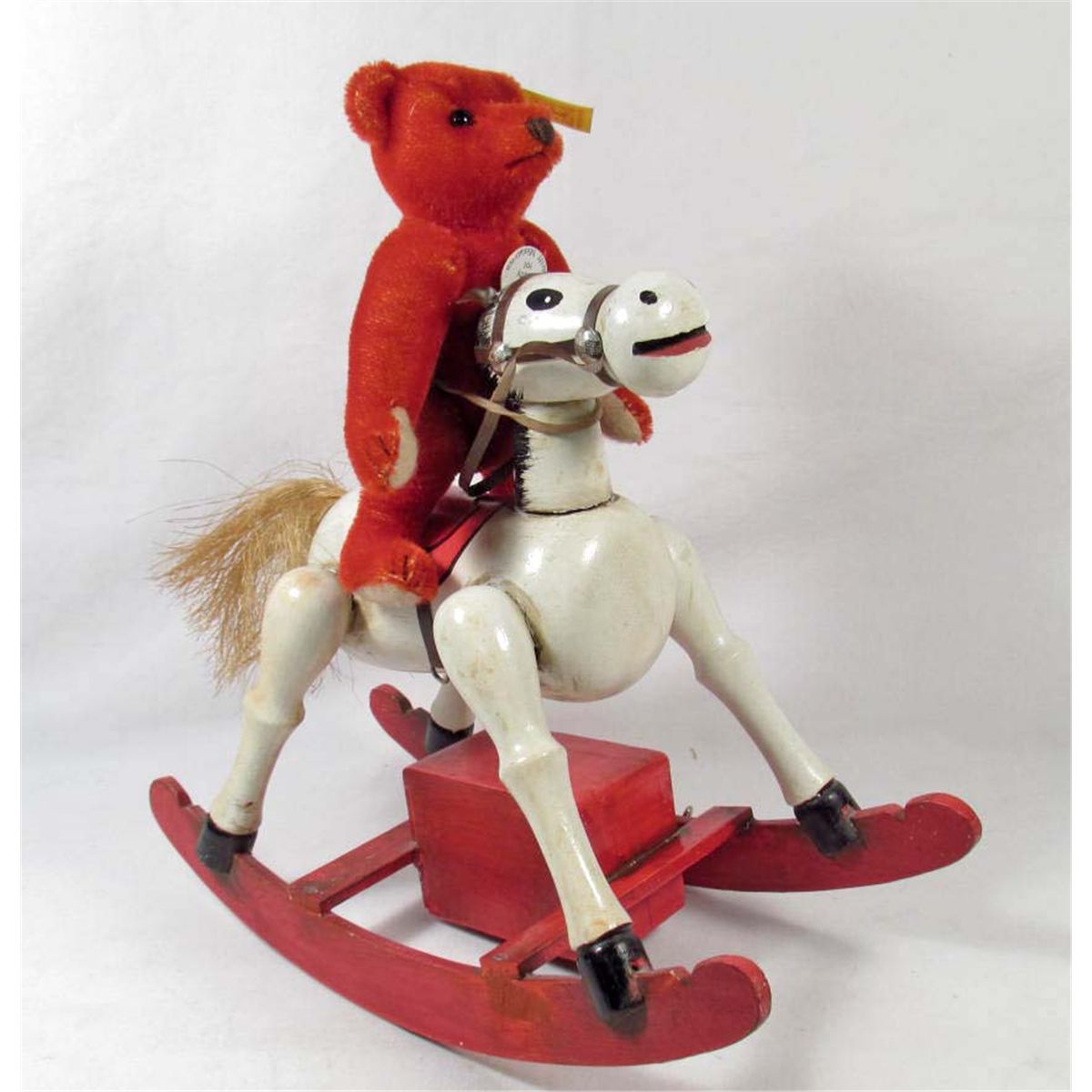 VINTAGE STEIFF TEDDY BEAR W/ MUSICAL WOODEN ROCKING HORSE