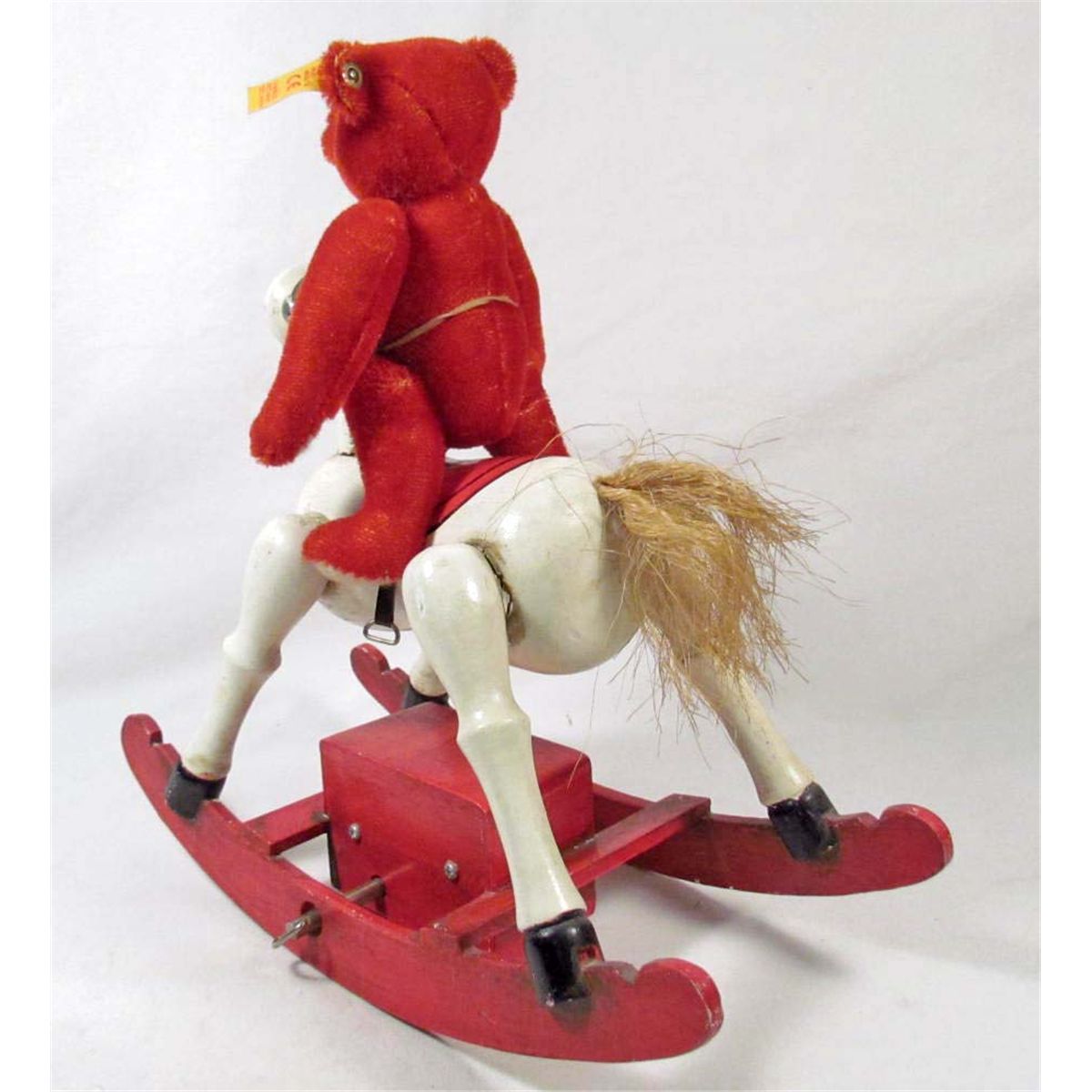 VINTAGE STEIFF TEDDY BEAR W/ MUSICAL WOODEN ROCKING HORSE