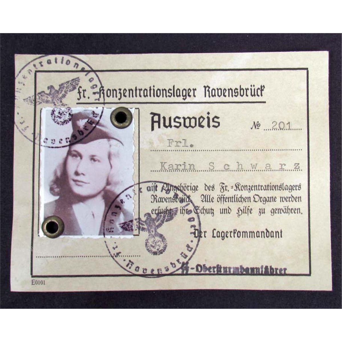 GERMAN NAZI SS AUSWEIS ID W/ PHOTO - FEMALE