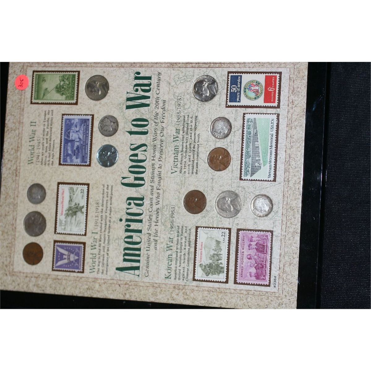 america goes to war coins & stamps in display case, WWI, WWII, korean ...
