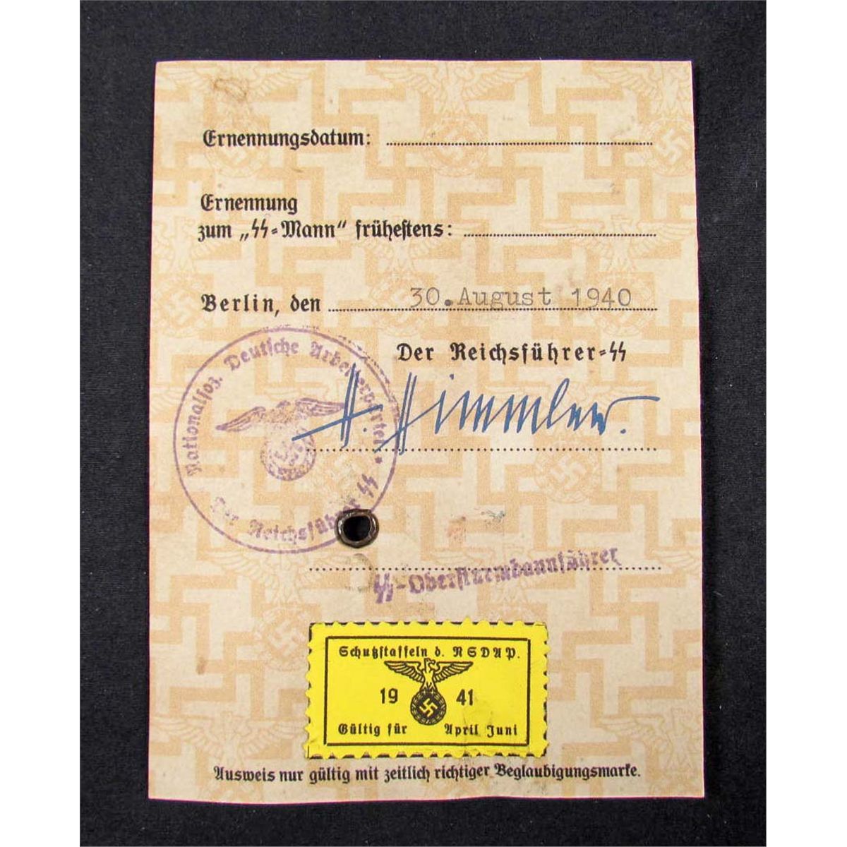 GERMAN NAZI ID DOCUMENT AUSWEIS OF THE SS-MAN W/ PHOTO