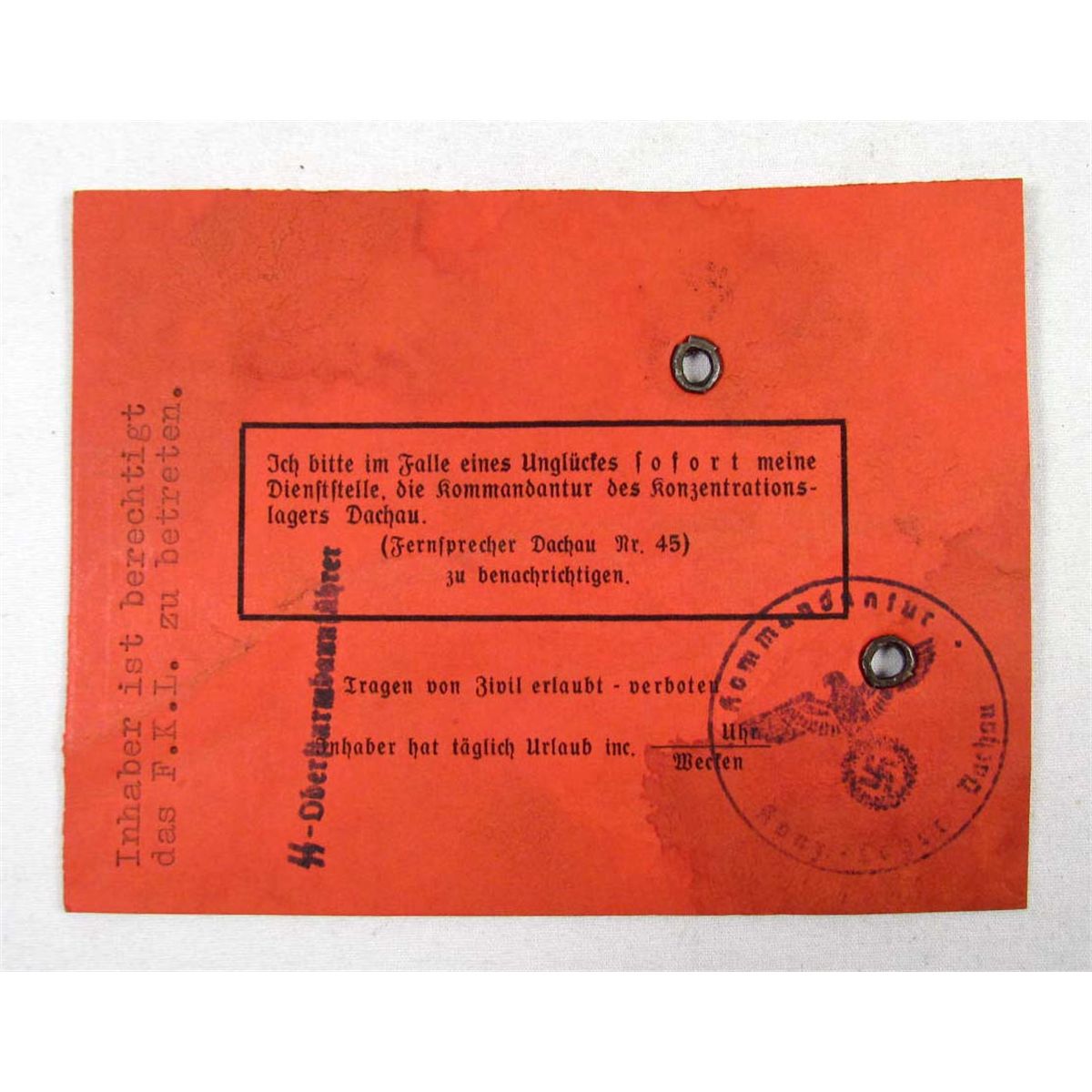 GERMAN NAZI ID DOCUMENT AUSWEIS GUARD OF CONCENTRATION CAMP DACHAU