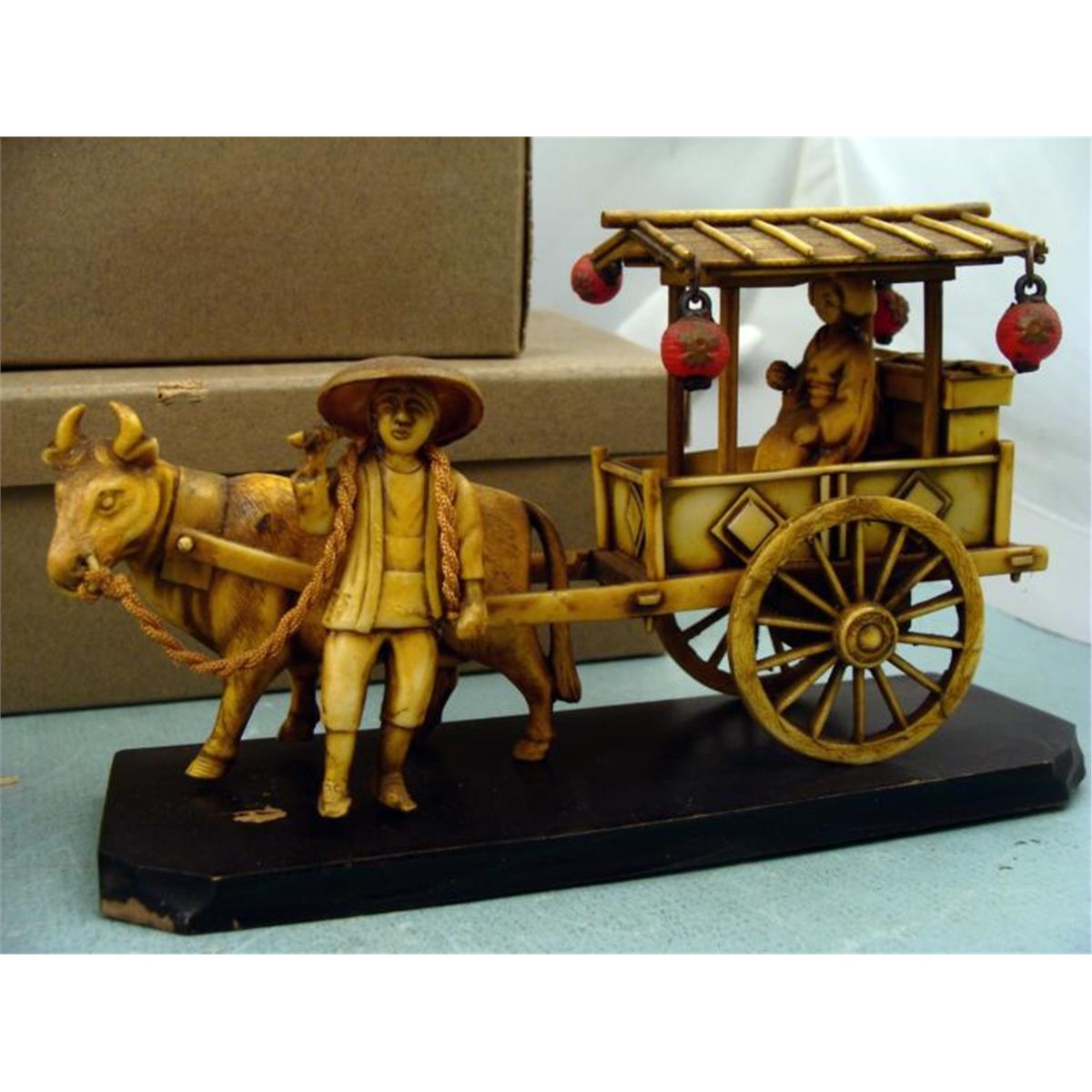 Japanese Vintage Celluloid Figurines Carts In Boxes