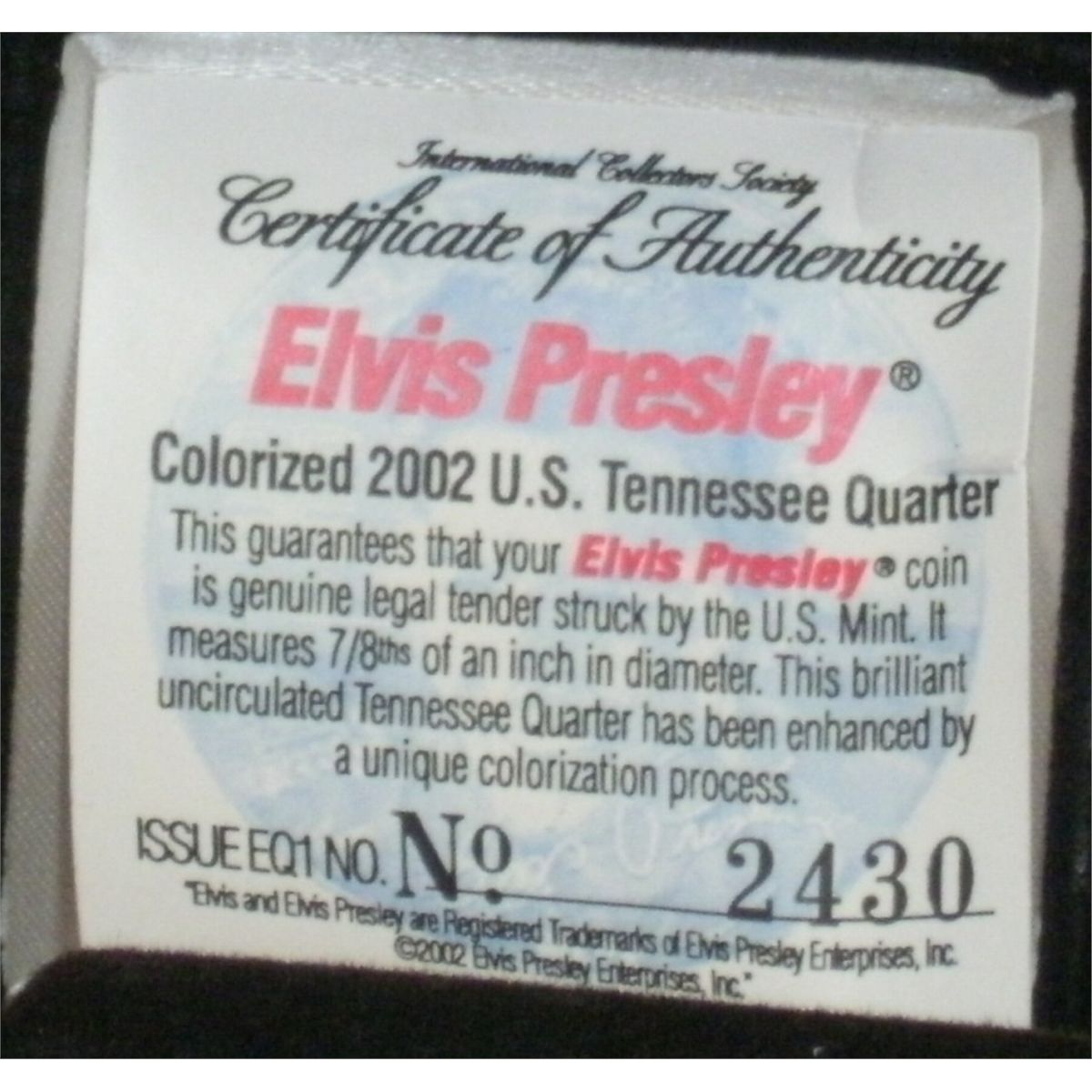 Colorized ELVIS PRESLEY 2002 Tennessee State Quarter Mint In Original Box