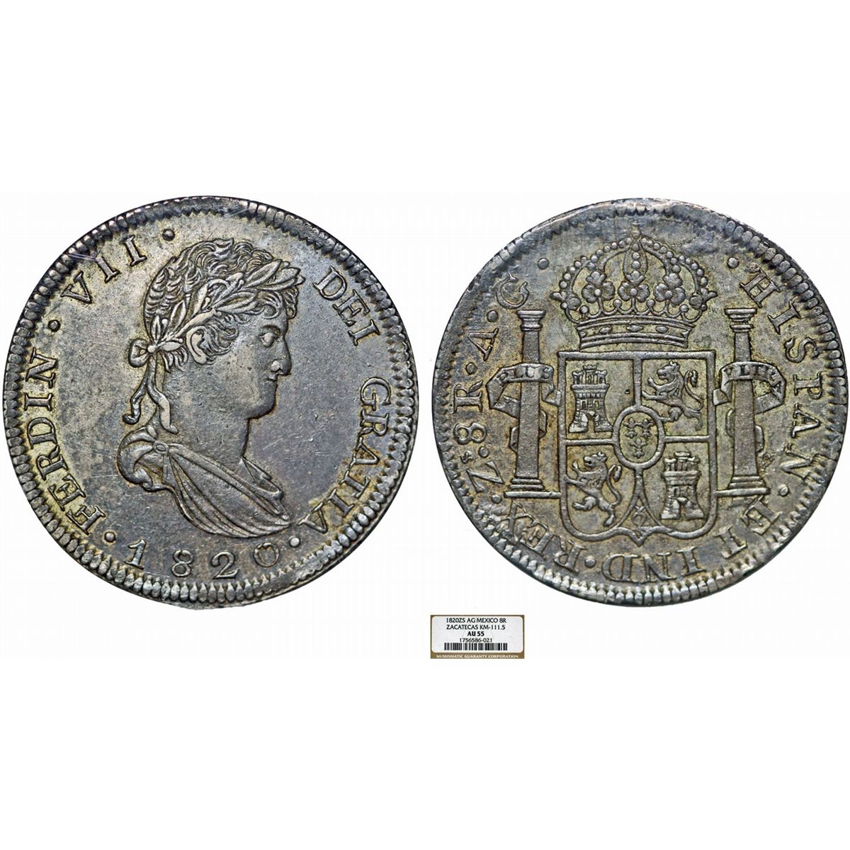 Mexico. Ferdinand VII (1808-1821). AR 8 Reales 1820 Zs AG. NGC AU55, toned.