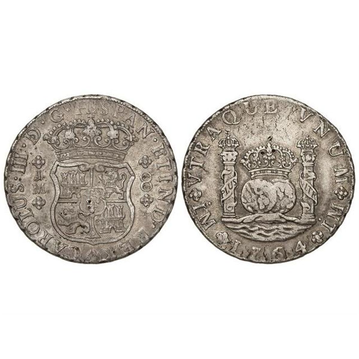 8 Reales. - 1764. - LIMA. - J.M. - 26,8 gr. Columnario. Pátina. (Golpes ...